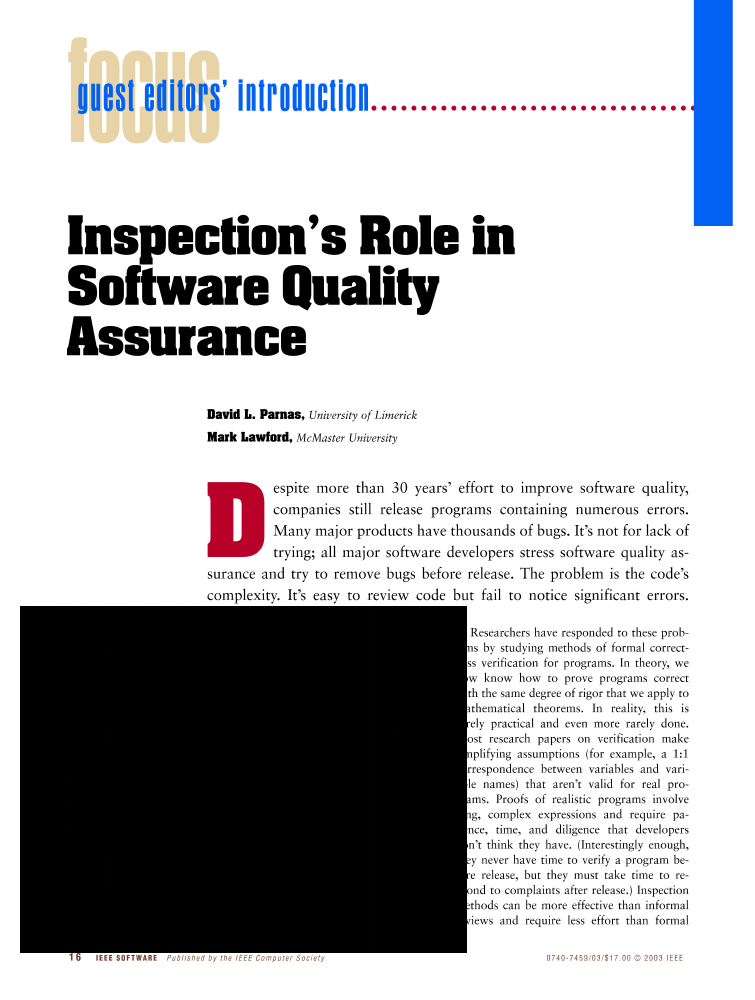 Inspection's role in software quality assurance | IEEE Journals ...
