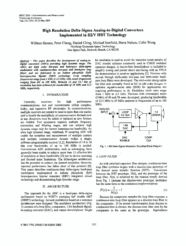 High Resolution Delta Sigma Analog To Digital Converters Implemented In Iiiv Hbt Technology