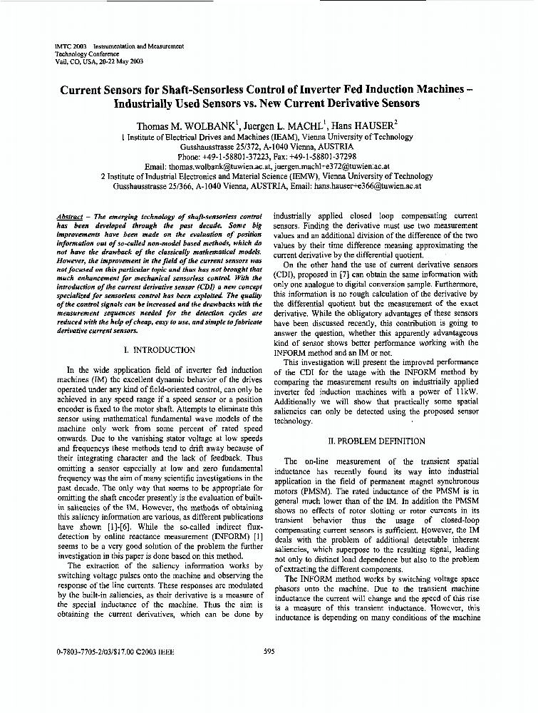 Current sensors for shaft-sensorless control of inverter fed induction ...