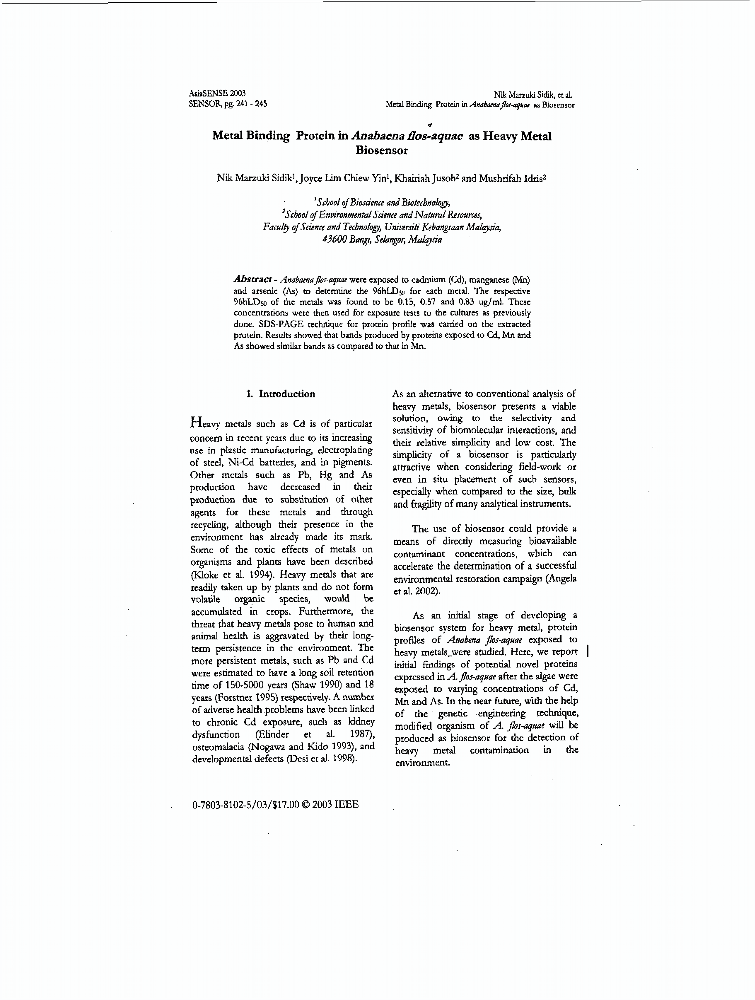 Metal binding protein in anabaena flos-aquae as heavy metal biosensor ...