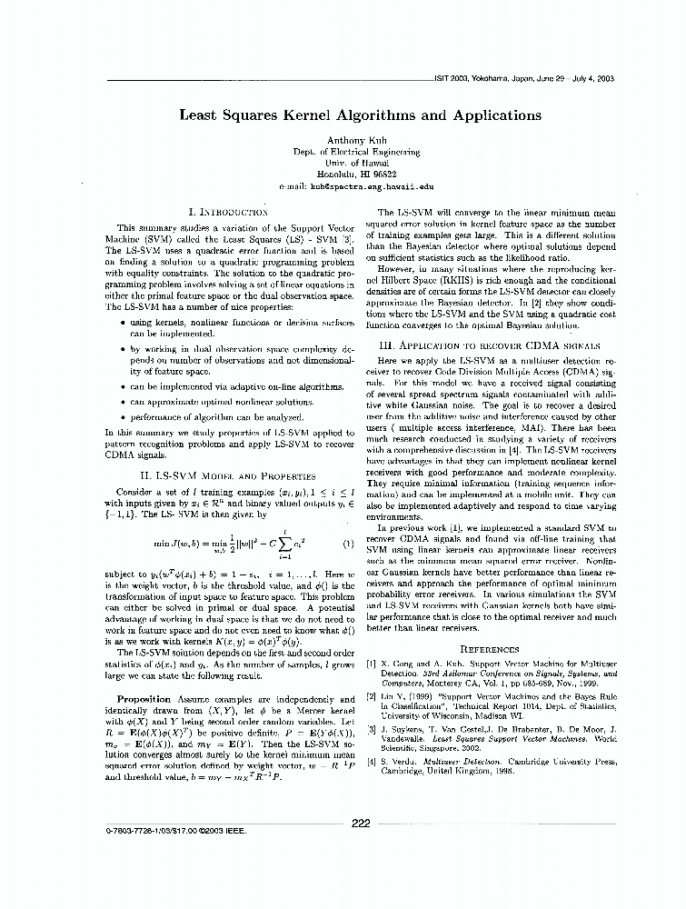Least squares kernel algorithms and applications | IEEE Conference Publication | IEEE Xplore