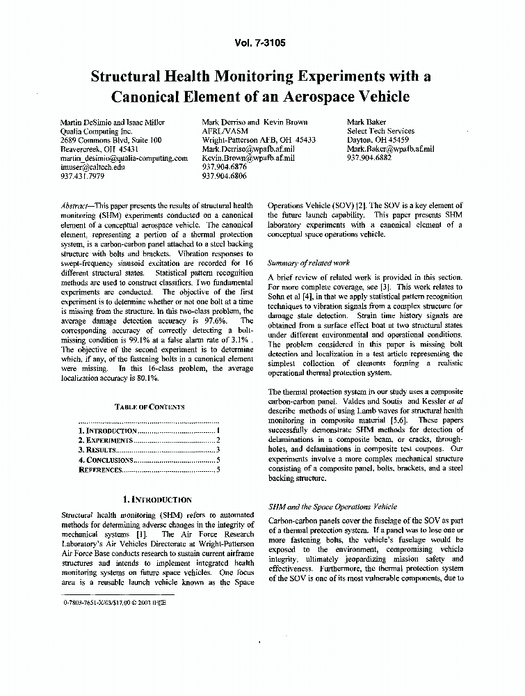 Structural Health Monitoring Experiments With A Canonical Element Of An