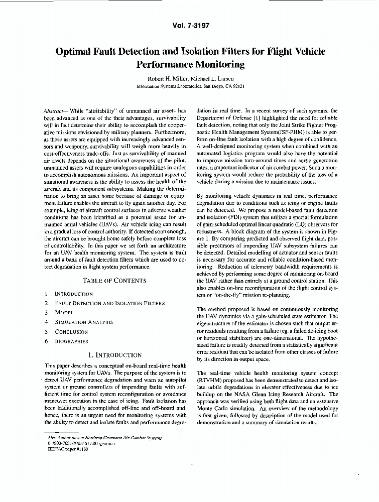 Optimal fault detection and isolation filters for flight vehicle ...