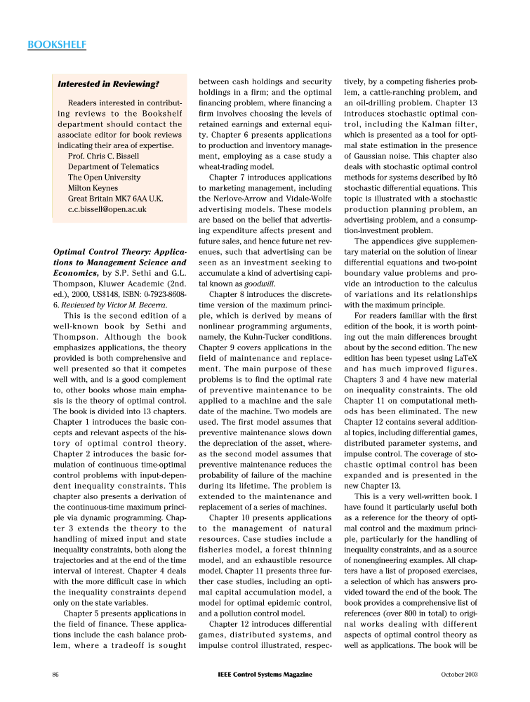 Optimal control theory: Applications to management science and ...