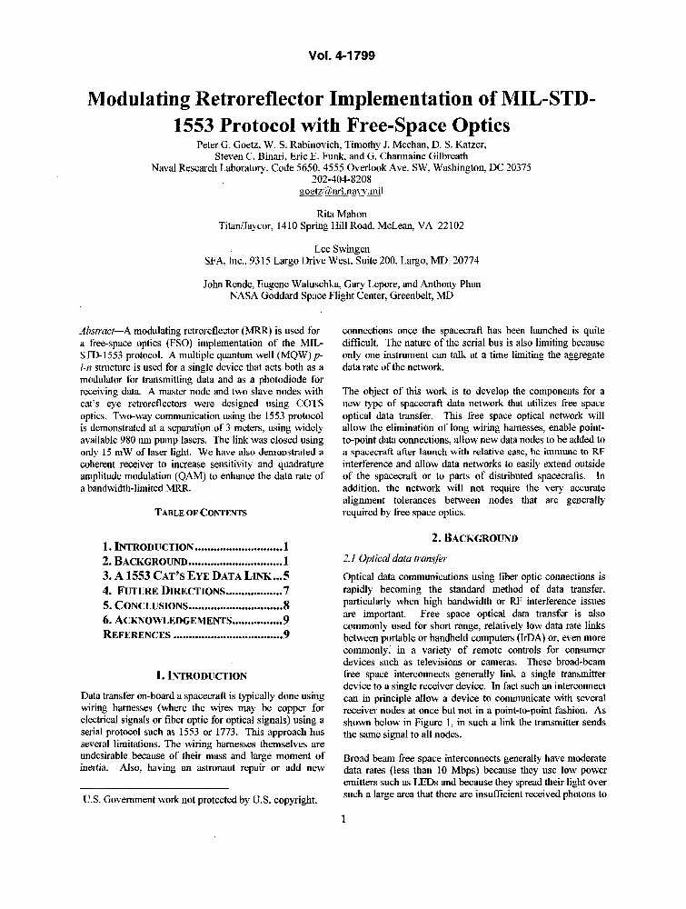 Modulating retroreflector implementation of mil-std 1553 protocol with ...