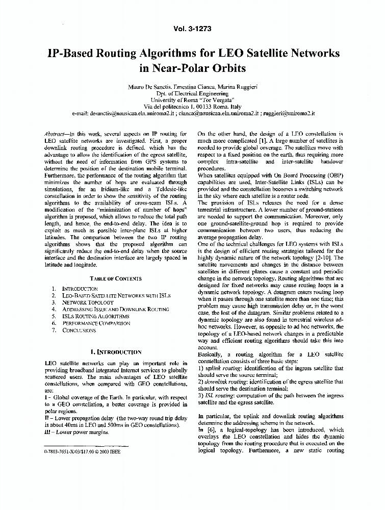 Ip Based Routing Algorithms For Leo Satellite Networks In Near Polar Orbits Ieee Conference
