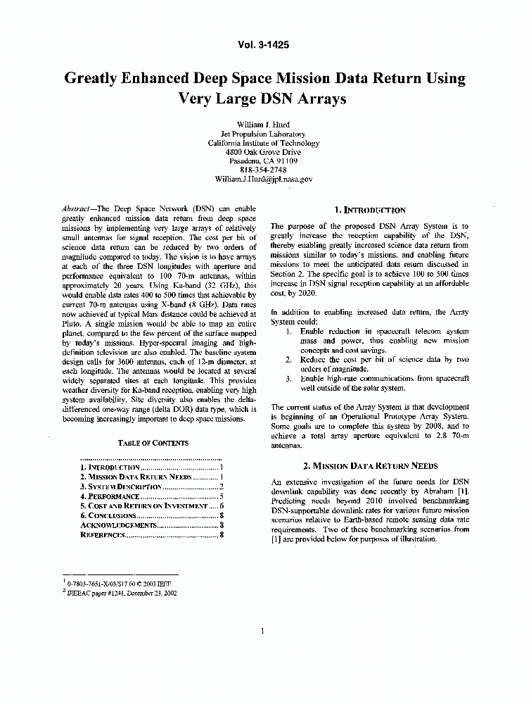 Greatly Enhanced Deep Space Mission Data Return Using Very Large Dsn Arrays Ieee Conference