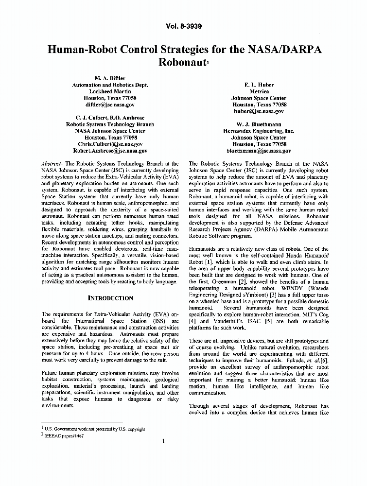 Human-robot control strategies for the NASA/DARPA Robonaut | IEEE ...