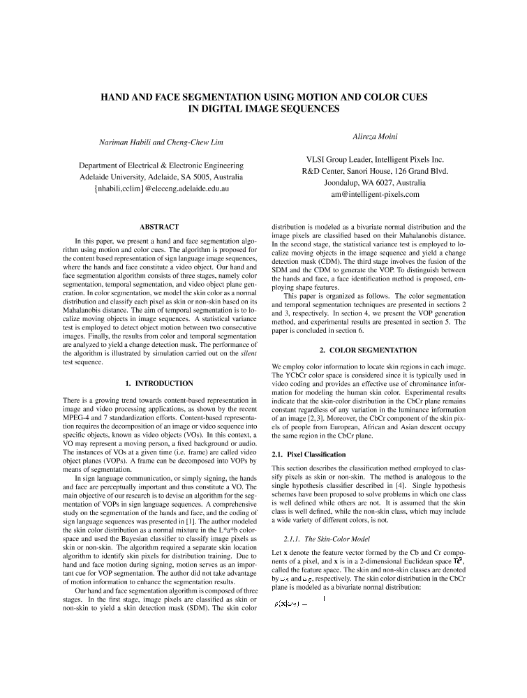 Hand and face segmentation using motion and color cues in digital image ...