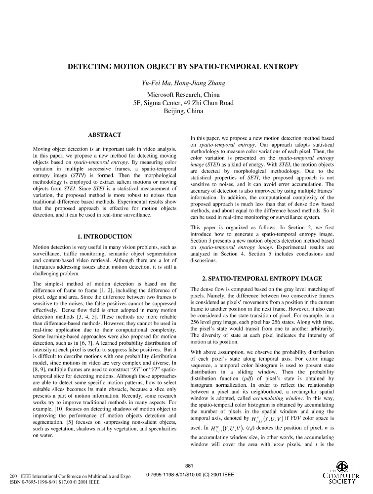 Detecting Motion Object By Spatio Temporal Entropy Ieee Conference Publication Ieee Xplore