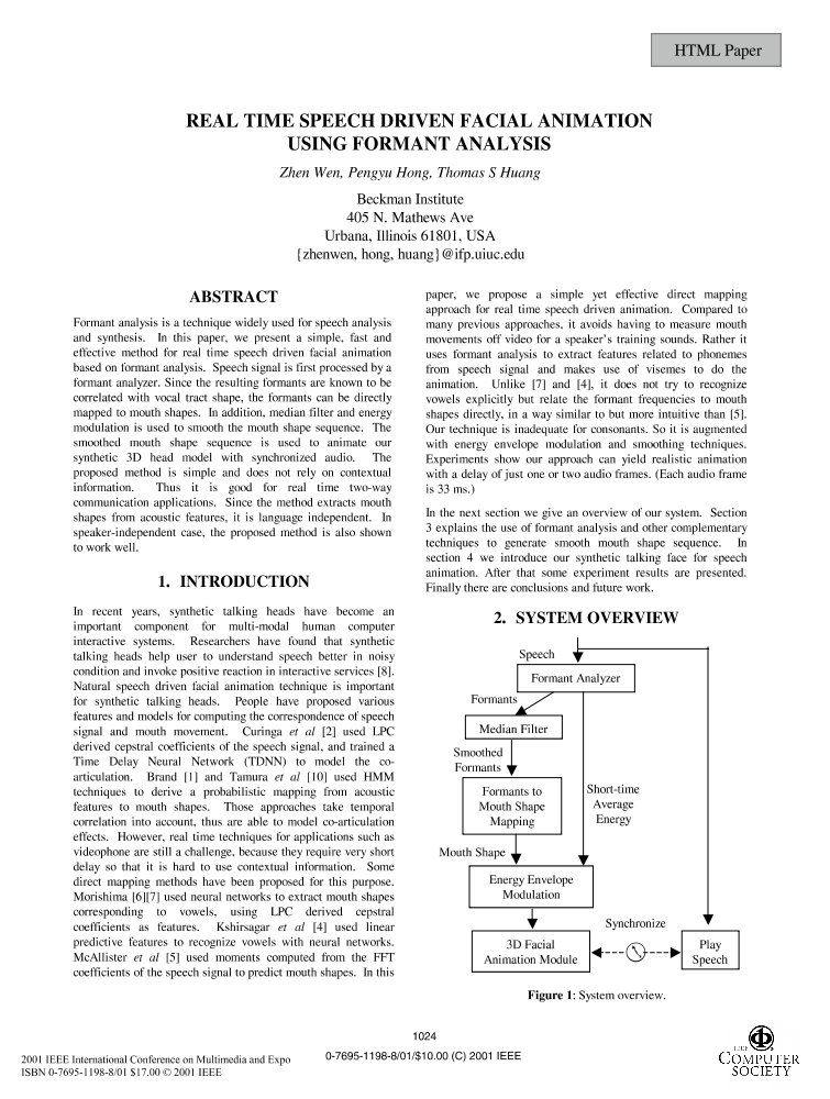 Real time speech driven facial animation using formant analysis | IEEE Conference Publication ...