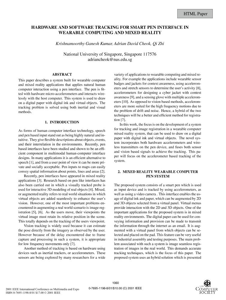 Hardware and software tracking for smart pen interface in wearable ...