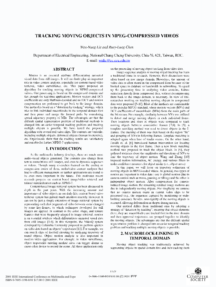 Tracking moving objects in MPEG-compressed videos | IEEE Conference Publication | IEEE Xplore