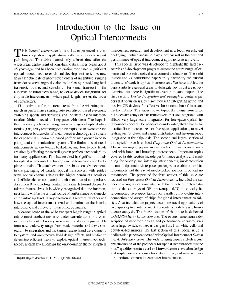 Introduction to the issue on optical interconnects | IEEE Journals ...