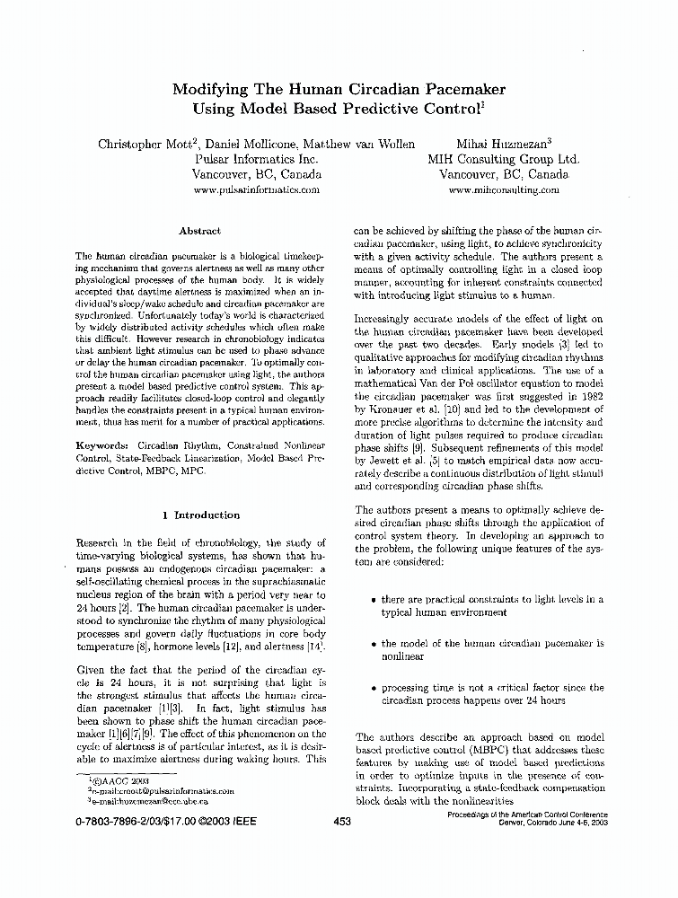 Modifying the human circadian pacemaker using model based predictive ...