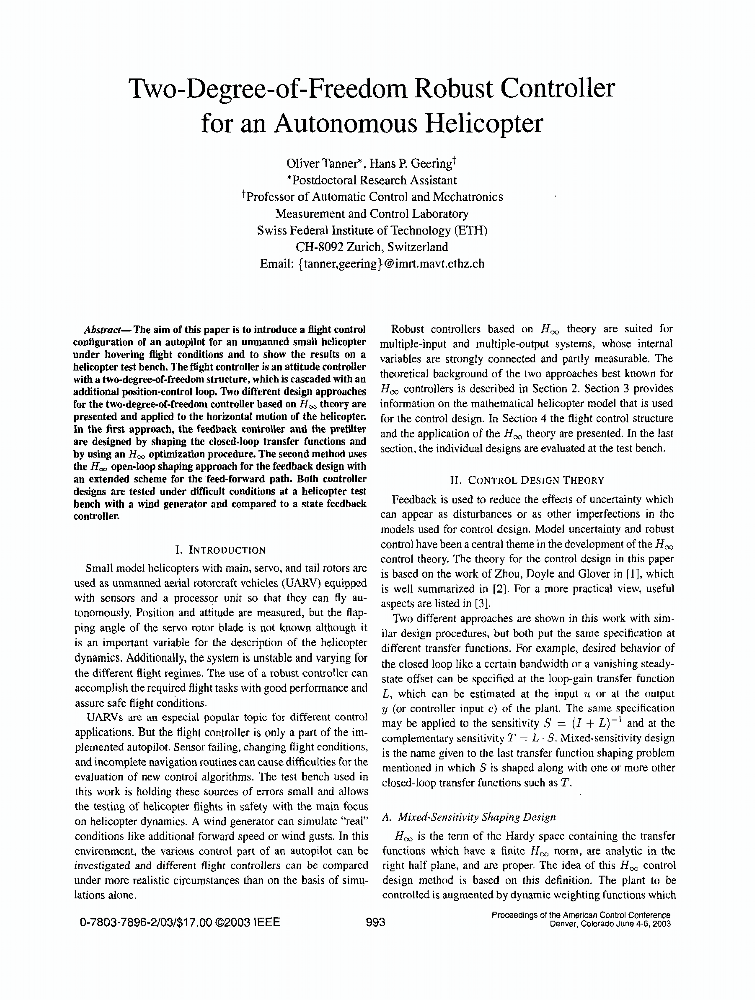 Two-degree-of-freedom robust controller for an autonomous helicopter | IEEE Conference ...