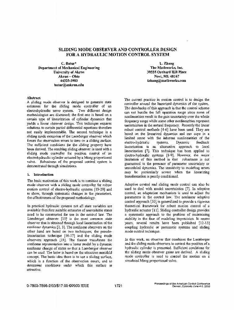 Sliding mode observer and controller design for a hydraulic motion ...
