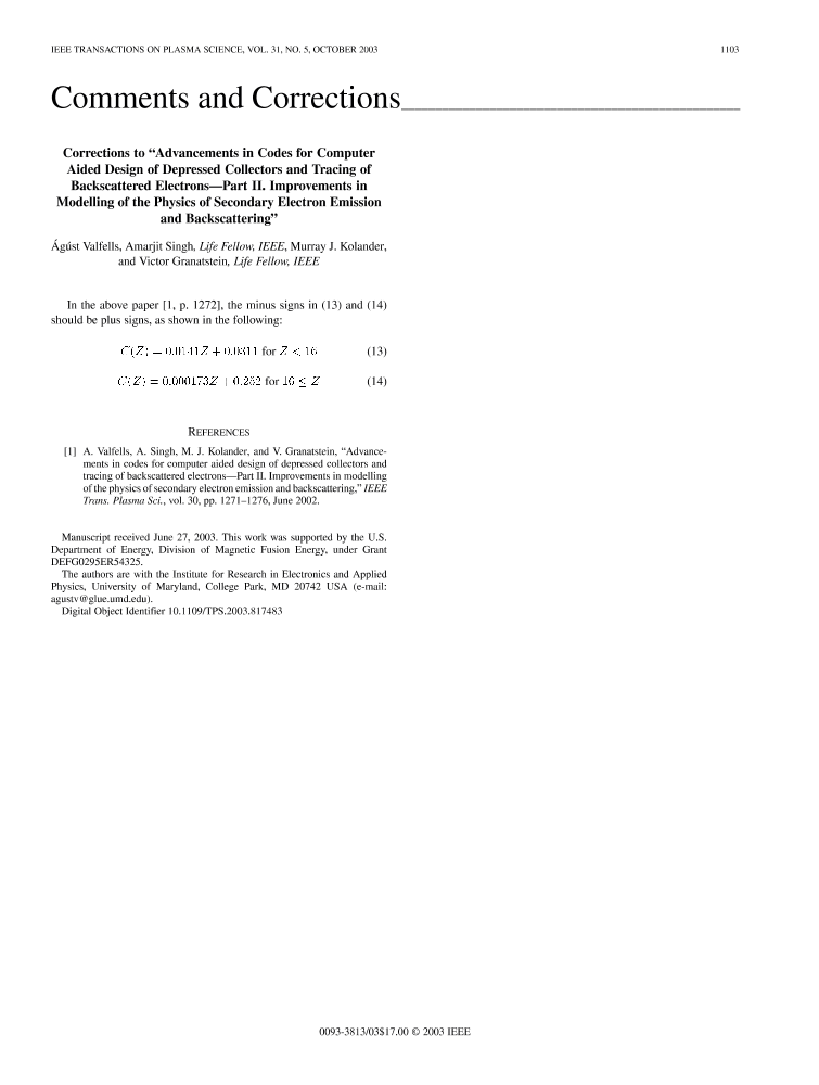 Corrections to "Advancements in codes for computer aided design of depressed collectors and ...