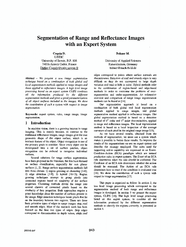Segmentation of range and reflectance images with an expert system ...