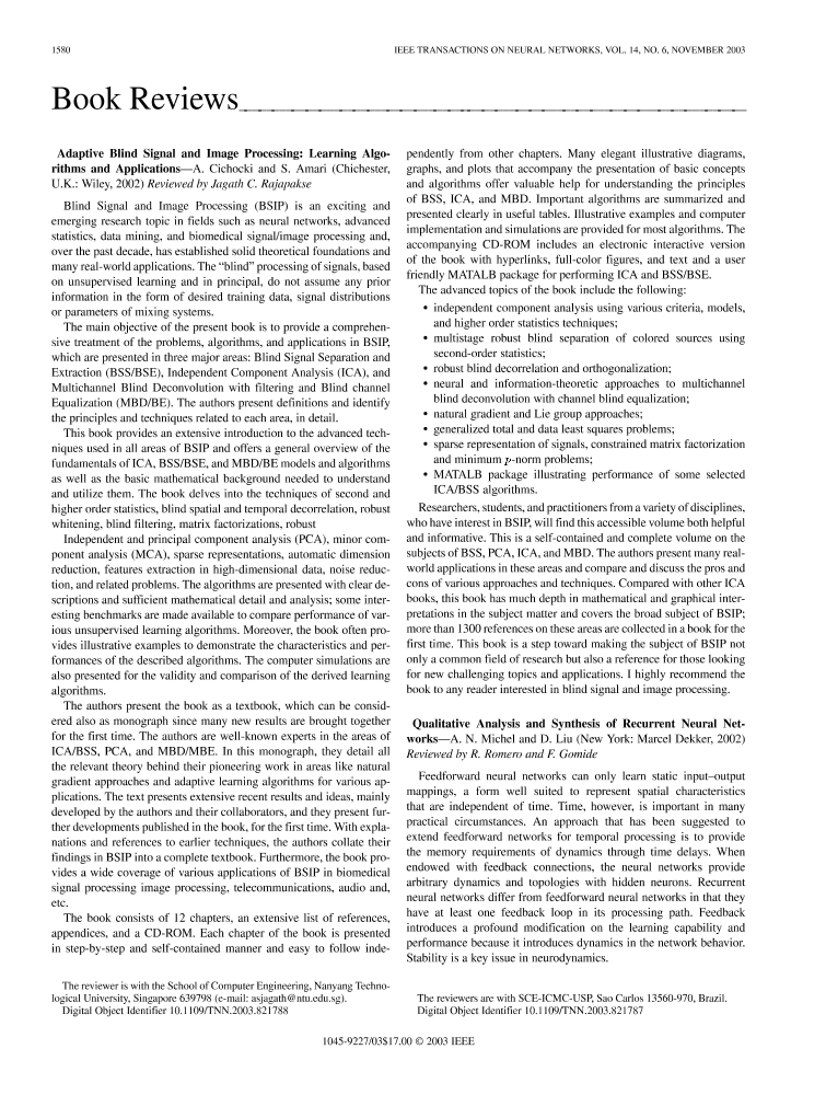 Adaptive blind signal and image processing: learning algorithms and applications [Book Review ...