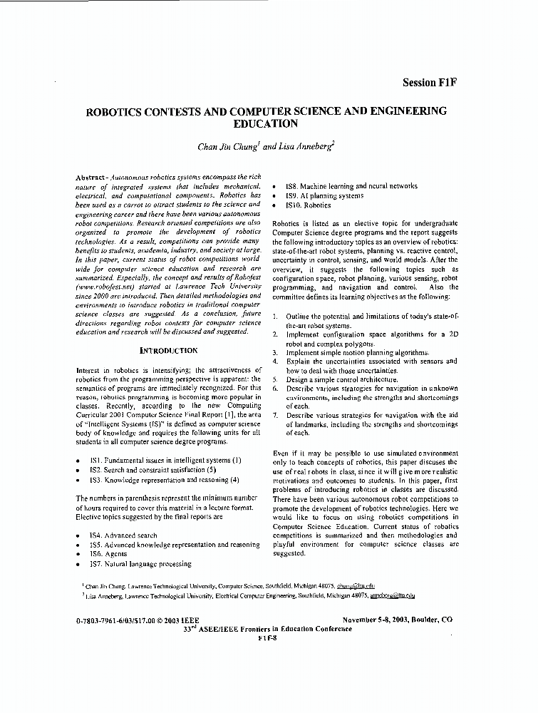 Robotics contests and comtuter science and engineering education | IEEE ...