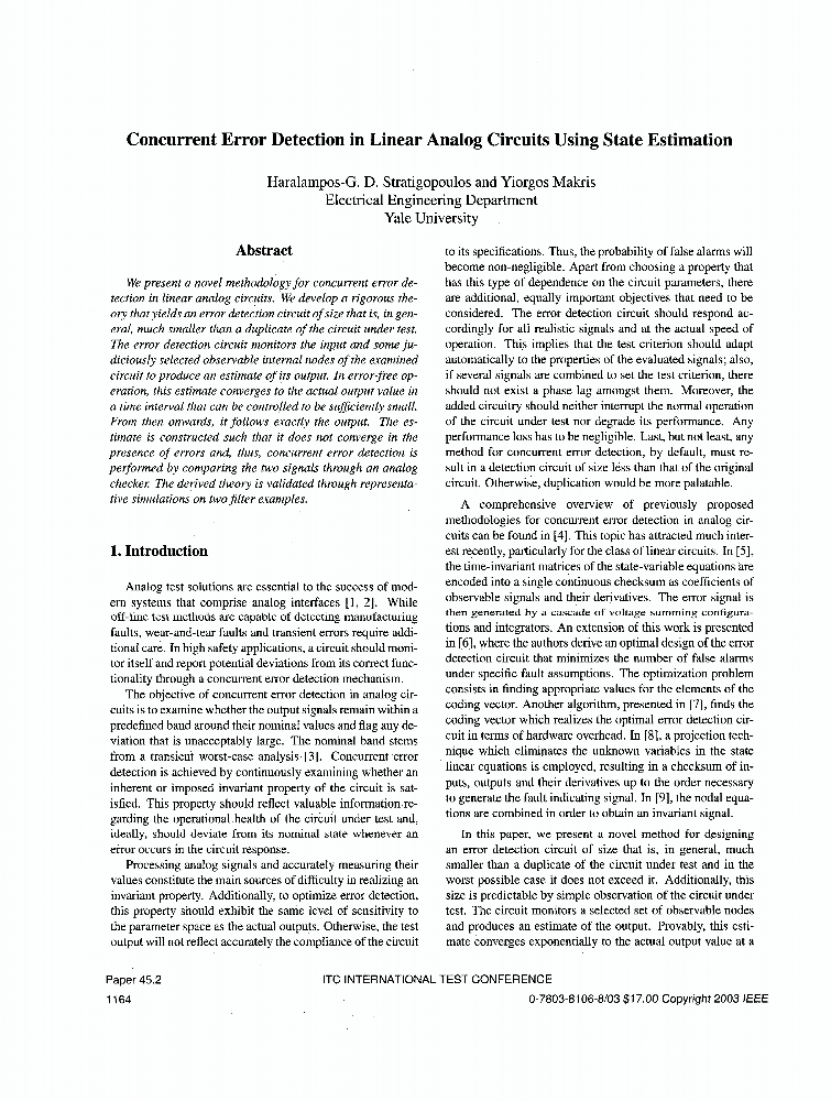 Concurrent error detection in linear analog circuits using state estimation | IEEE Conference ...