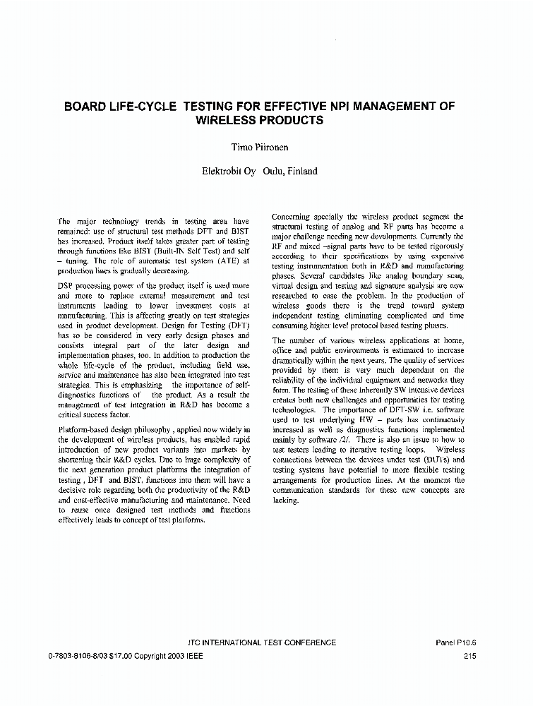 Board life-cycle testing for effective npi management of wireless ...