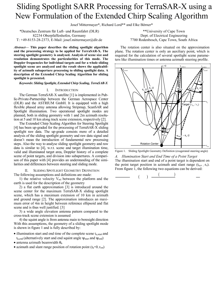 Sliding spotlight SAR processing for TerraSAR-X using a new formulation of the extended chirp ...