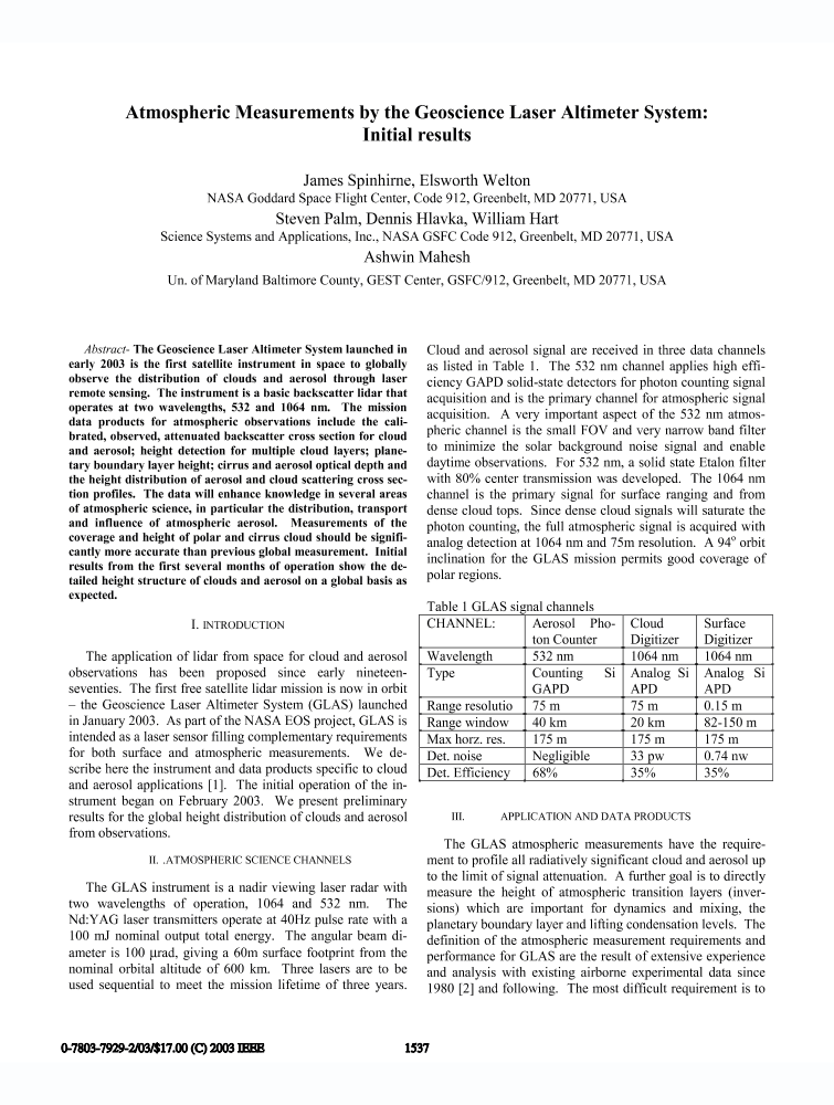 Atmospheric measurements by the geoscience laser altimeter system ...