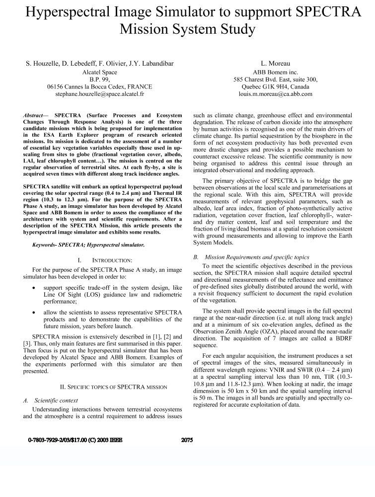 Hyperspectral image simulator to support SPECTRA mission system study ...