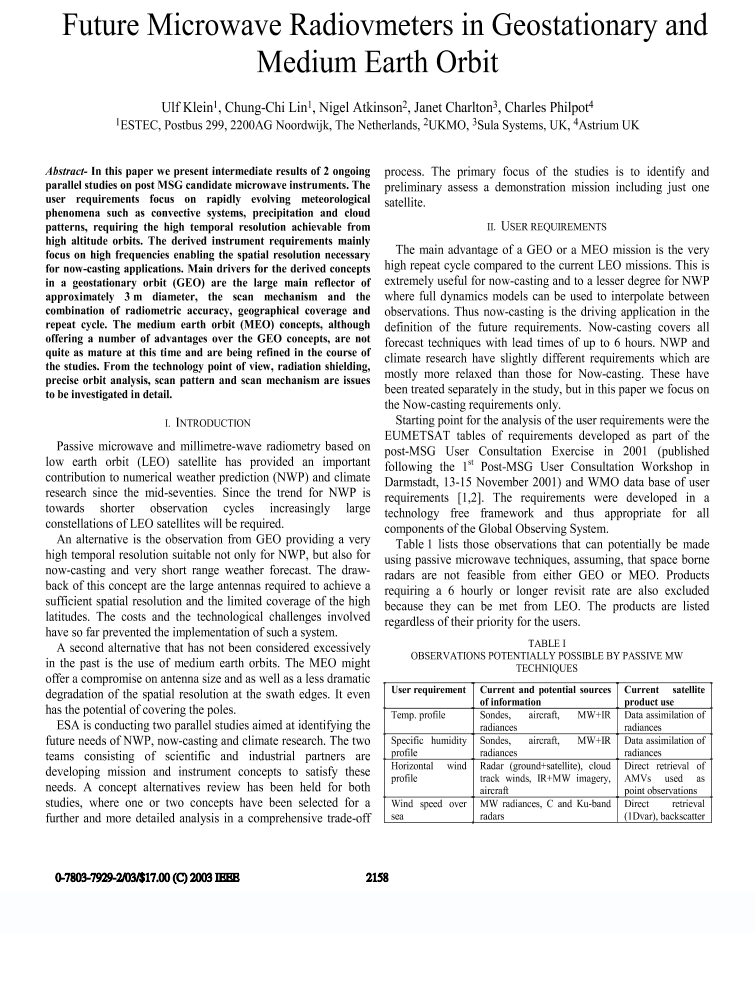 Future microwave radiometers in geostationary and medium earth orbit ...