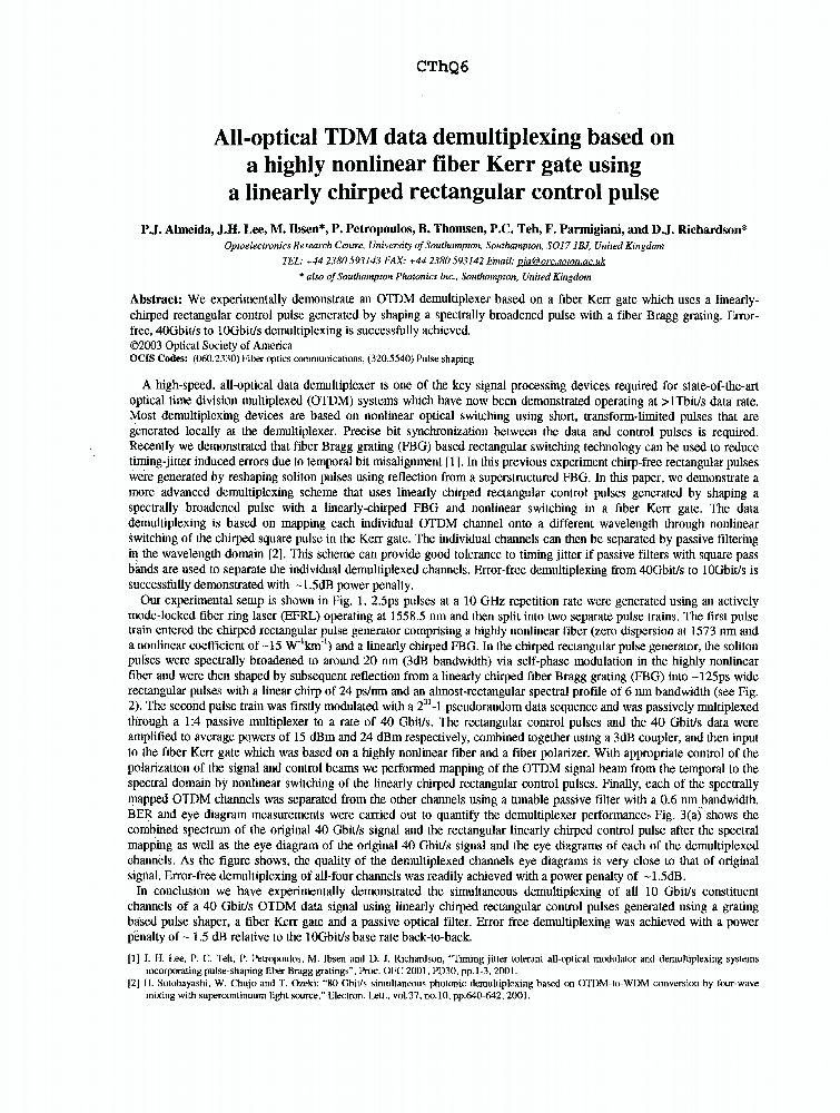All-optical TDM data demultiplexing based on a highly nonlinear fiber ...