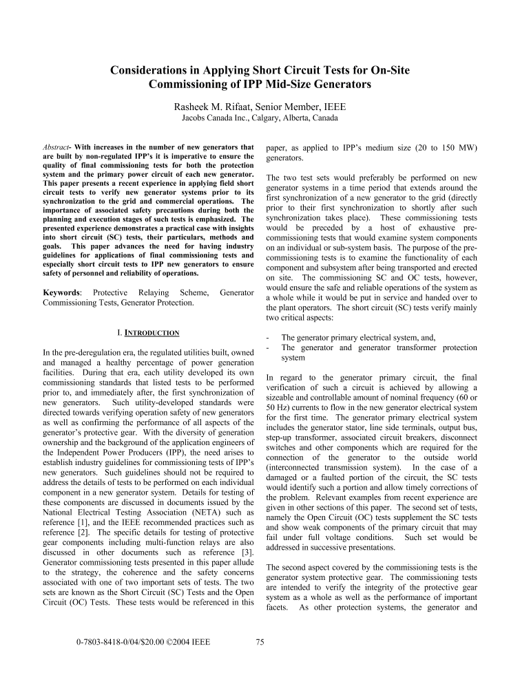 Considerations In Applying Short Circuit Tests For On Site Commissioning Of Ipp Mid Size
