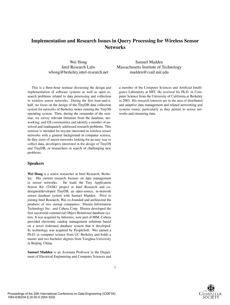 Implementation and research issues in query processing for wireless sensor networks | IEEE ...