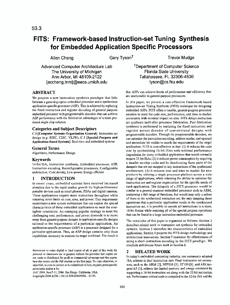 Fits Framework Based Instruction Set Tuning Synthesis For Embedded Application Specific