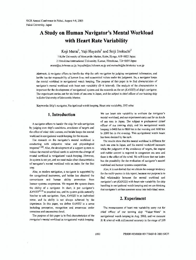 A study on human navigator's mental workload with heart rate variability | IEEE Conference ...