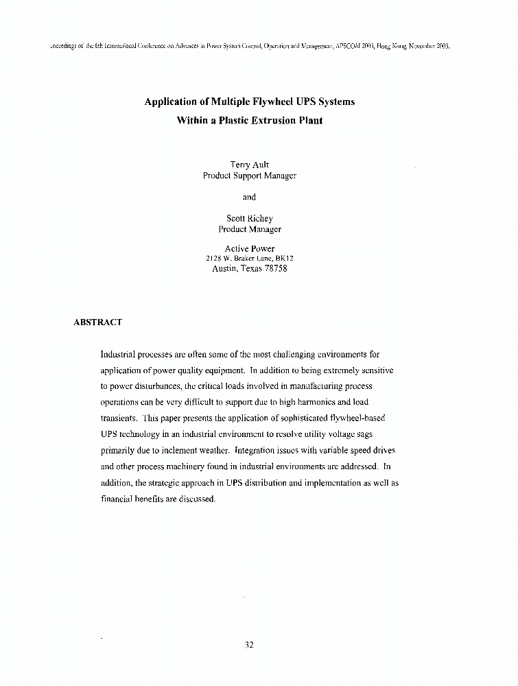 Application of multiple flywheel UPS systems within a plastic extrusion ...