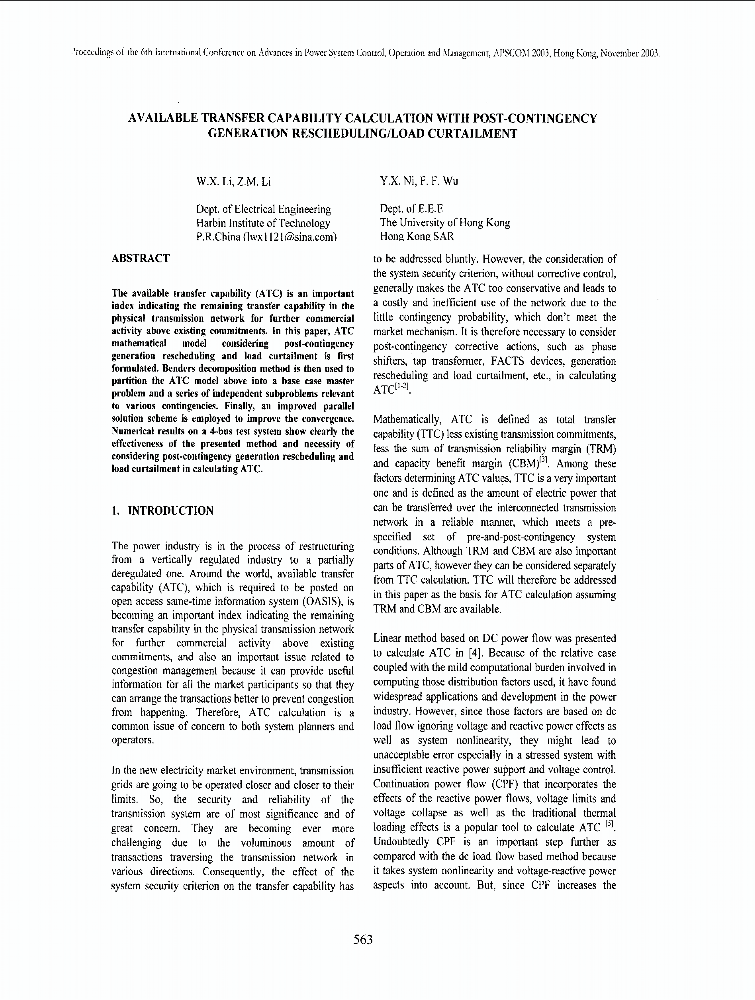Available transfer capability calculation with post-contingency ...