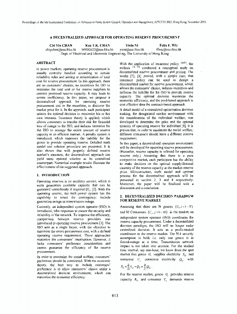 A decentralized approach for operating reserve procurement | IET ...