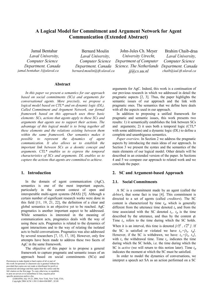 A logical model for commitment and argument network for agent communication | IEEE Conference ...