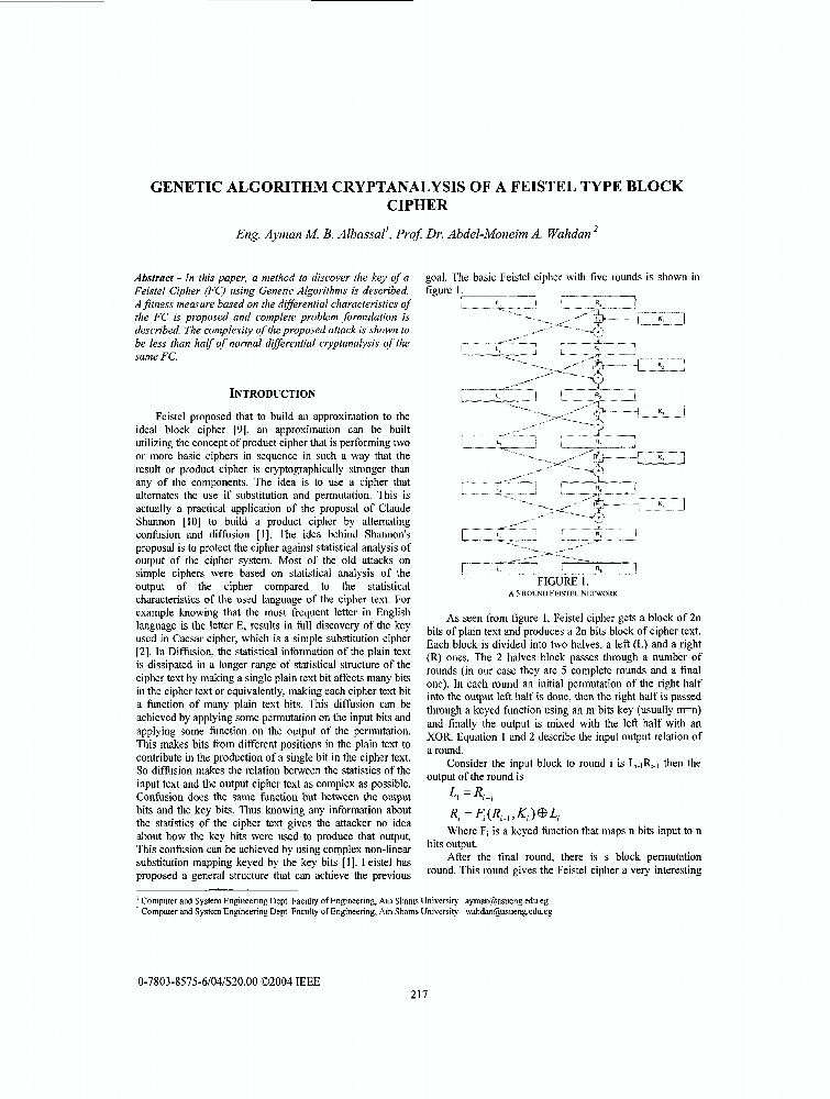 Genetic algorithm cryptanalysis of a feistel type block cipher | IEEE Conference Publication ...