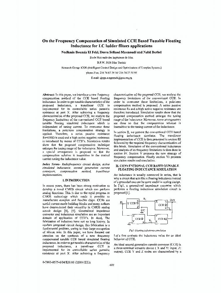 On the frequency compensation of simulated CCII based tunable floating inductance for LC ladder ...