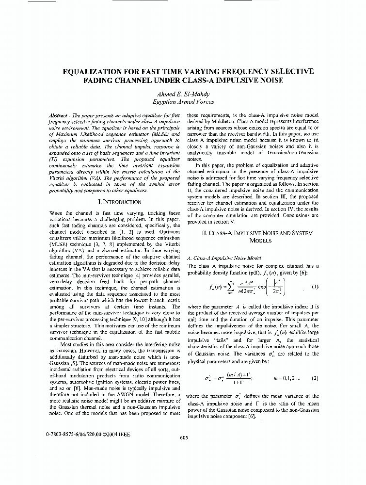 Equalization for fast time varying frequency selective fading channel under class-a impulsive ...