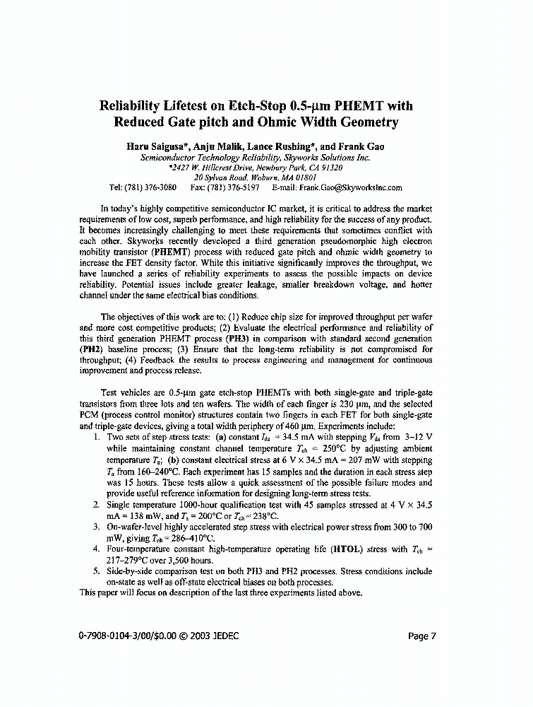 Reliability lifetest on etch-stop 0.5-/spl mu/m PHEMT with reduced gate ...