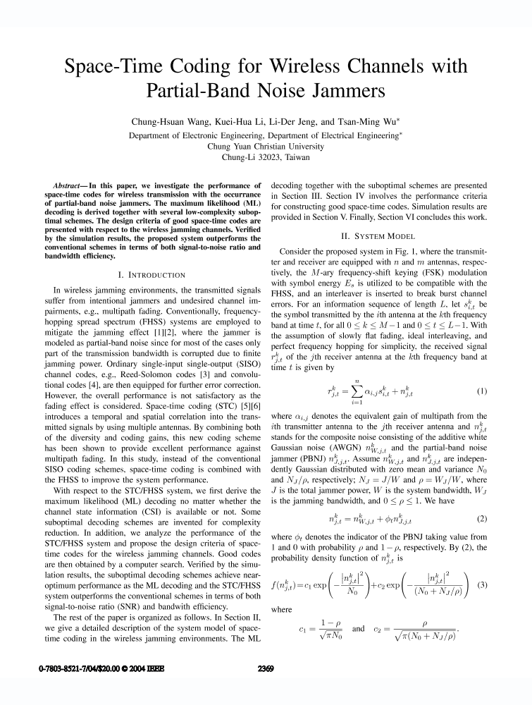Space-time coding for wireless channels with partial-band noise jammers | IEEE Conference ...