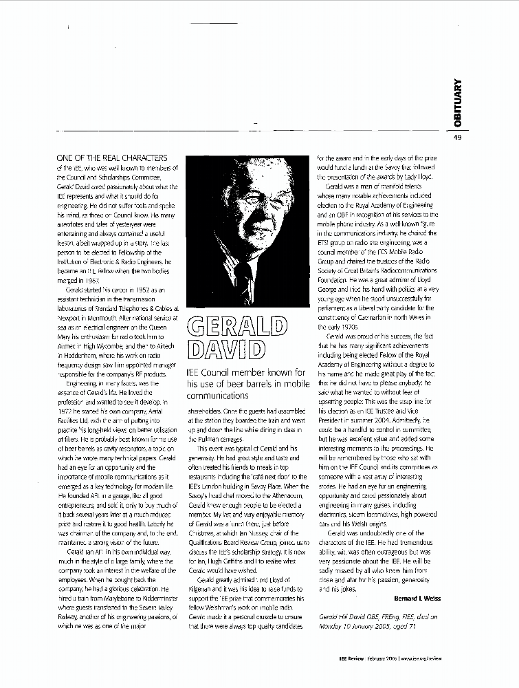 Obituary - Gerald David | IET Journals & Magazine | IEEE Xplore