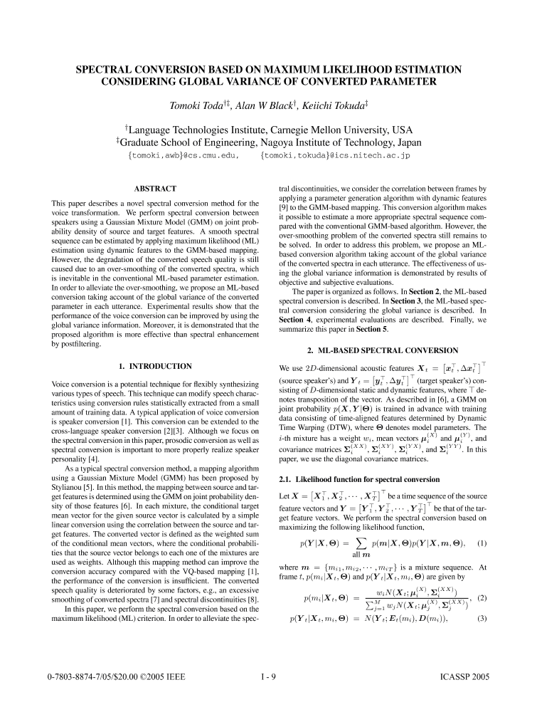Spectral Conversion Based On Maximum Likelihood Estimation Considering Global Variance Of