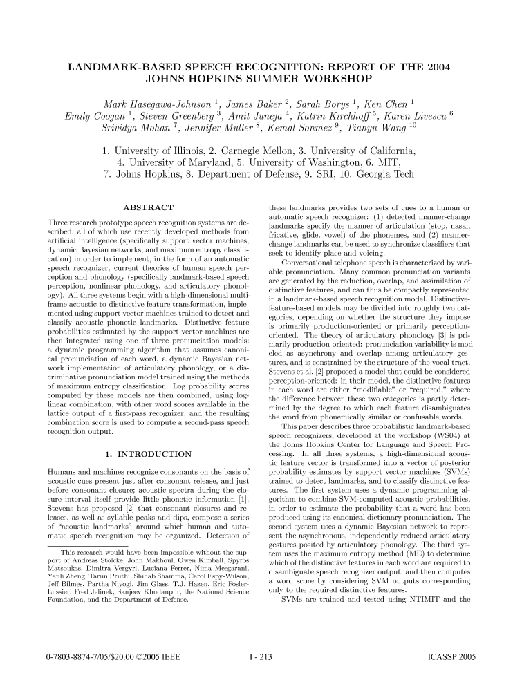 Landmark-based speech recognition: report of the 2004 Johns Hopkins ...