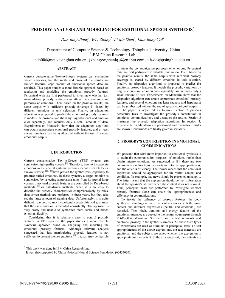 Prosody analysis and modeling for emotional speech synthesis | IEEE ...