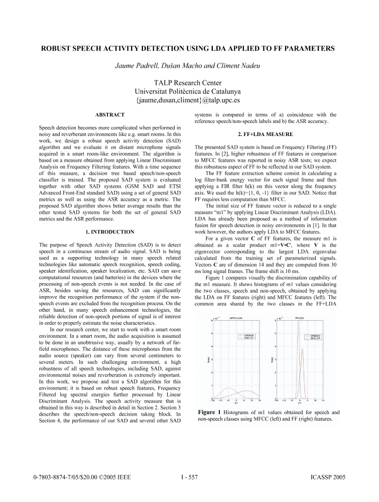 Robust Speech Activity Detection Using Lda Applied To Ff Parameters Ieee Conference